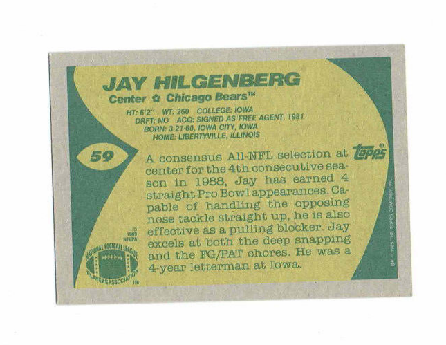 Jay Hilgenberg Chicago Bears C #59 Topps 1989 All Pro Football Card | eBay