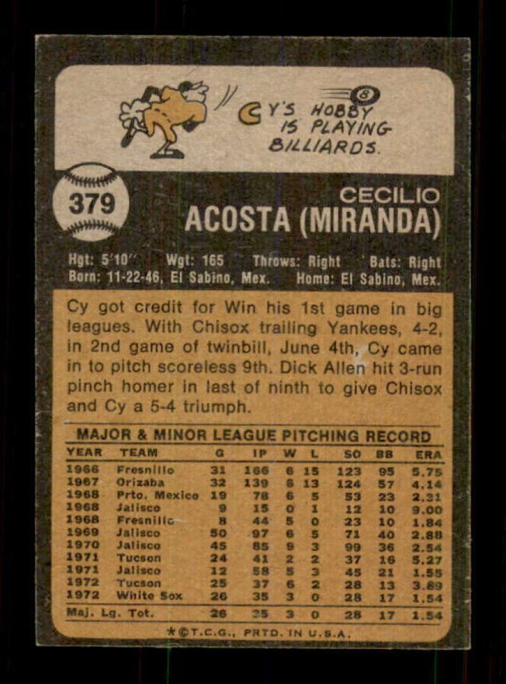 1973 Topps #379 Cy Acosta EX/EX+ RC Rookie White Sox 238741 | eBay