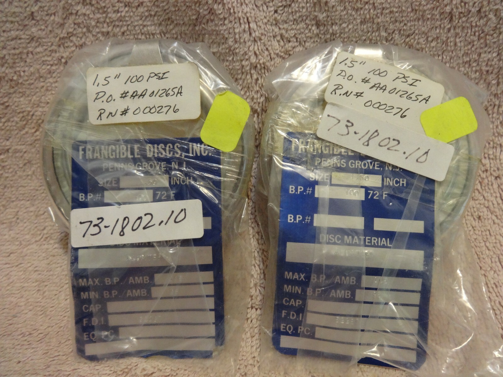 2-FRANGIBLE DISC INC. 1 1/2 RUPTURE DISC, ASME 100 @72 deg, FIKE DISC ...