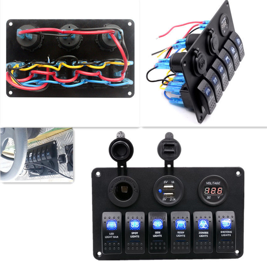 Car 6 Gang Rocker Button Panel Circuit Breakers Button Red Voltmeter ...