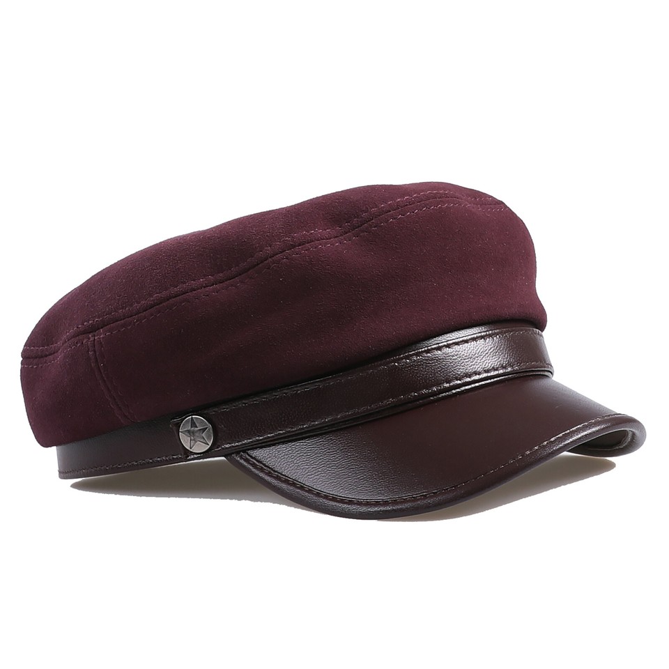 100% Suede Leather Unisex Classic British Flat Top Cap Military Army ...