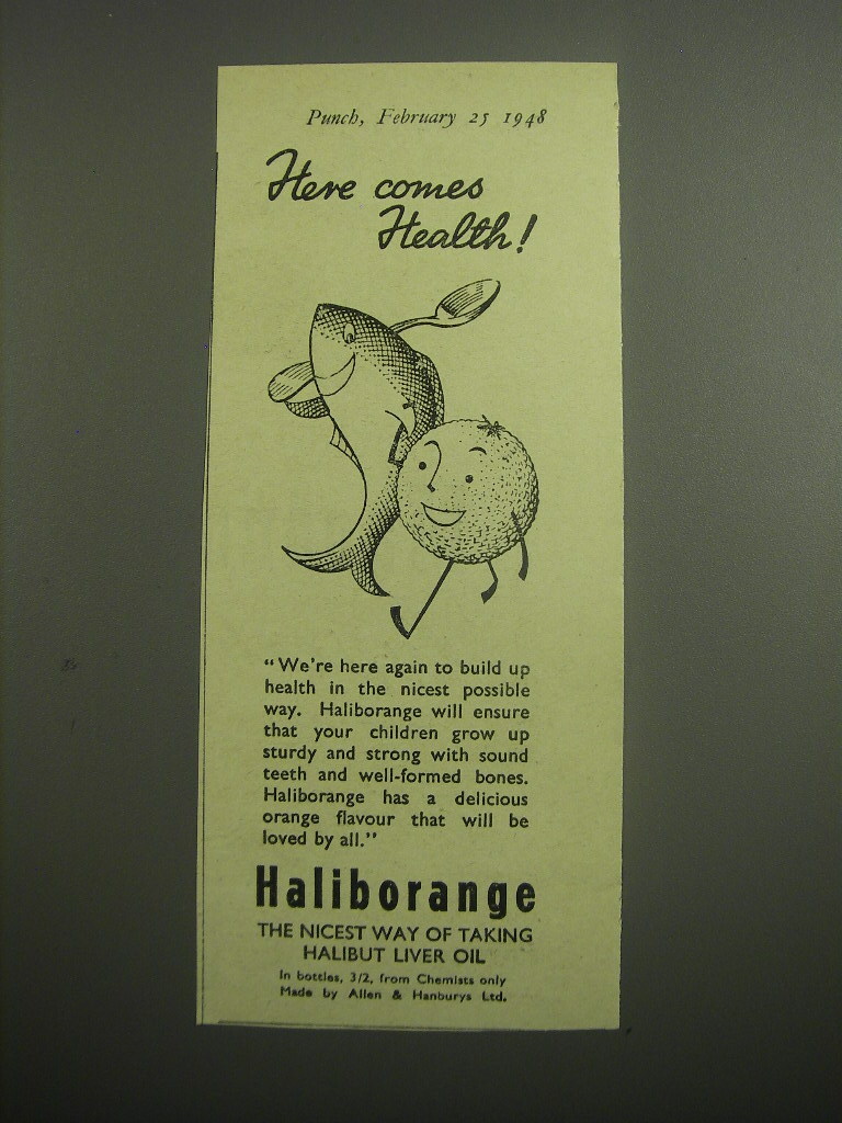 1948 Haliborange Halibut Liver Oil Ad - Here comes health | eBay