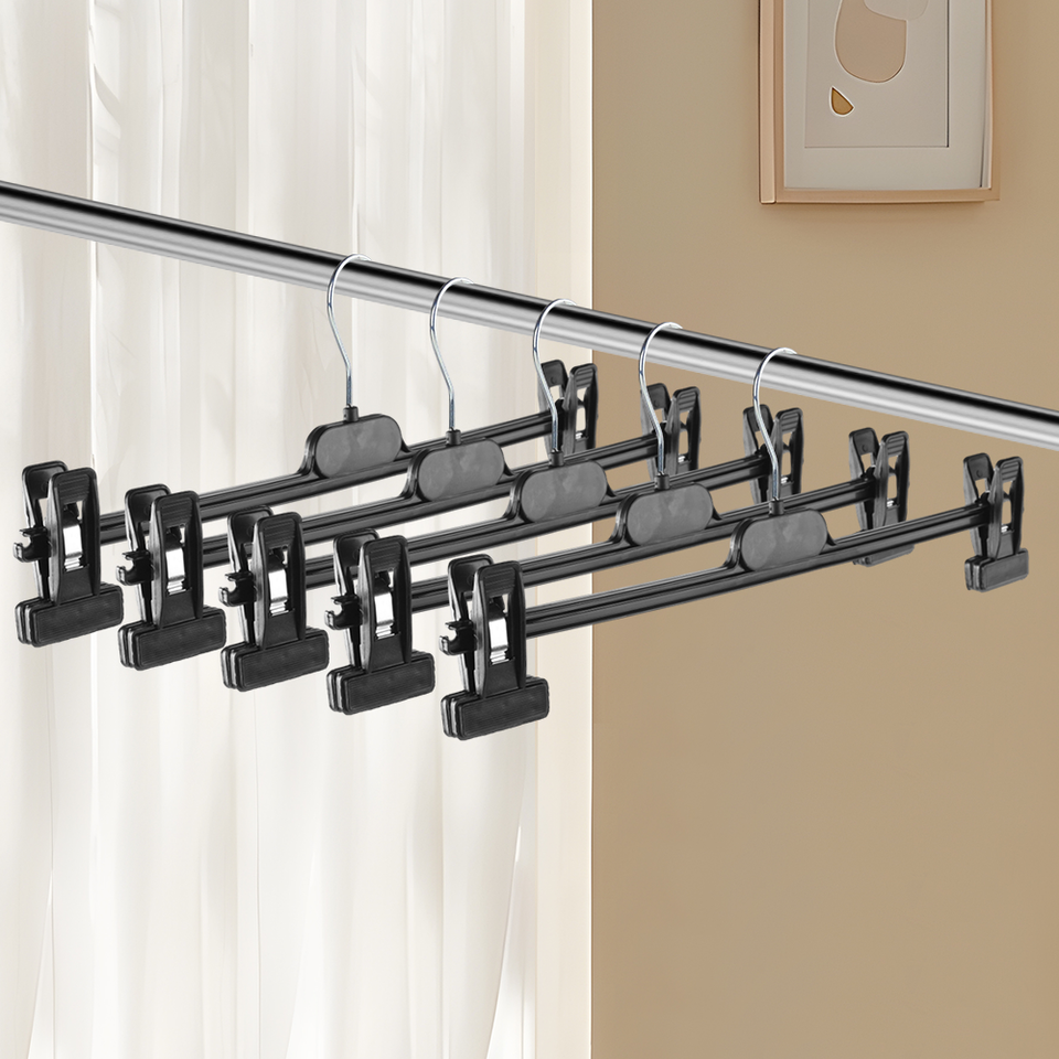 Black Plastic Adjustable Clip Hangers 36cm Coat Clothes Pant Trousers ...
