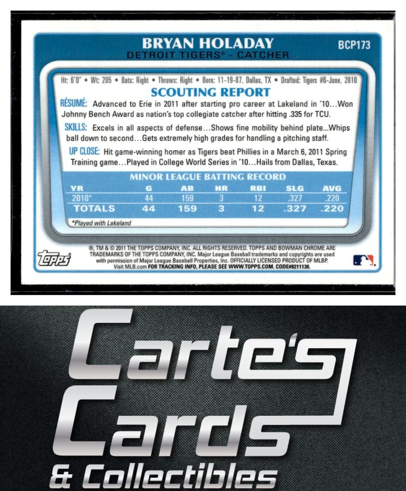 Bryan Holaday 2011 Bowman Chrome #BCP173 Tigers TTM/IP Signed ...