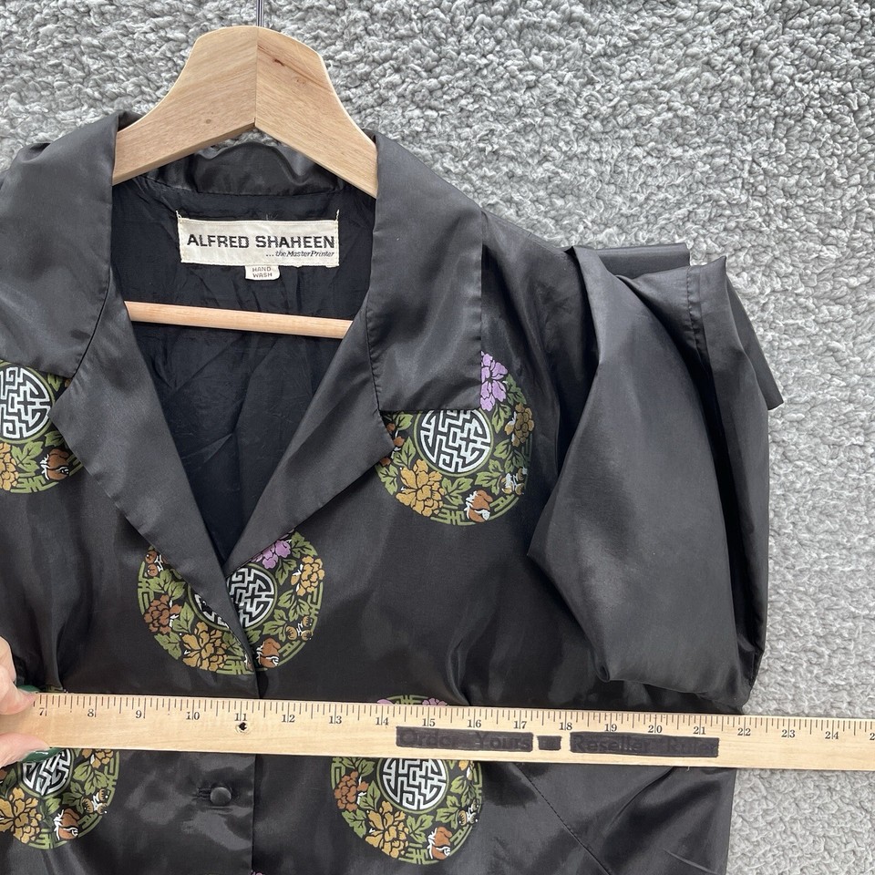 VTG 60s Alfred Shaheen Dress Women XL Black Print Hostess Kimono Duster ...