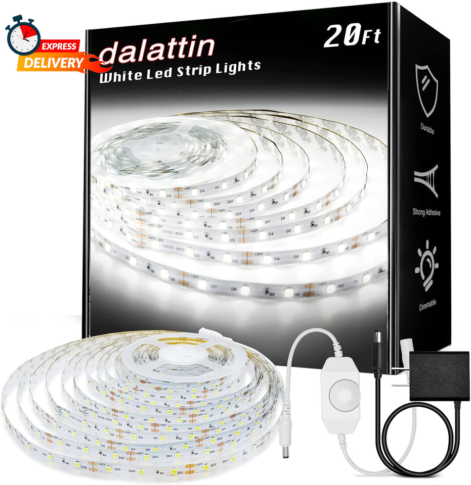 Dalattin White LED Strip Lights, 20Ft Dimmable Super Bright 24V Led ...