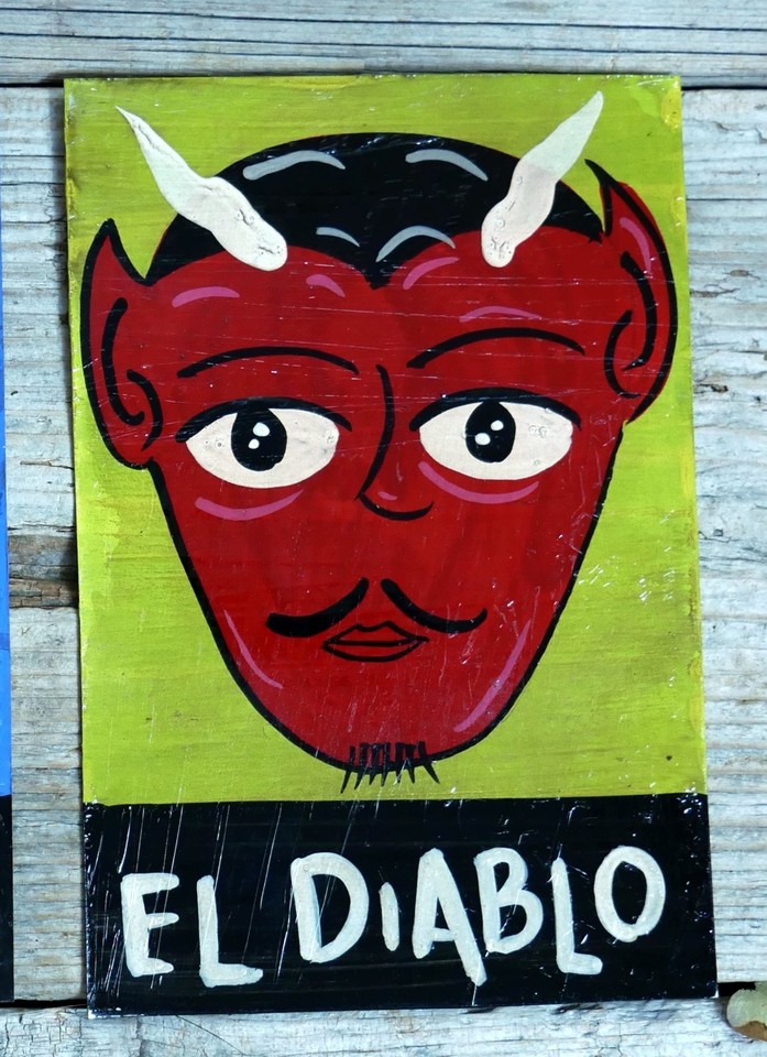 2 Tin Paintings Loteria Lucha Libre & Devil Hand Painted Mexican Folk ...