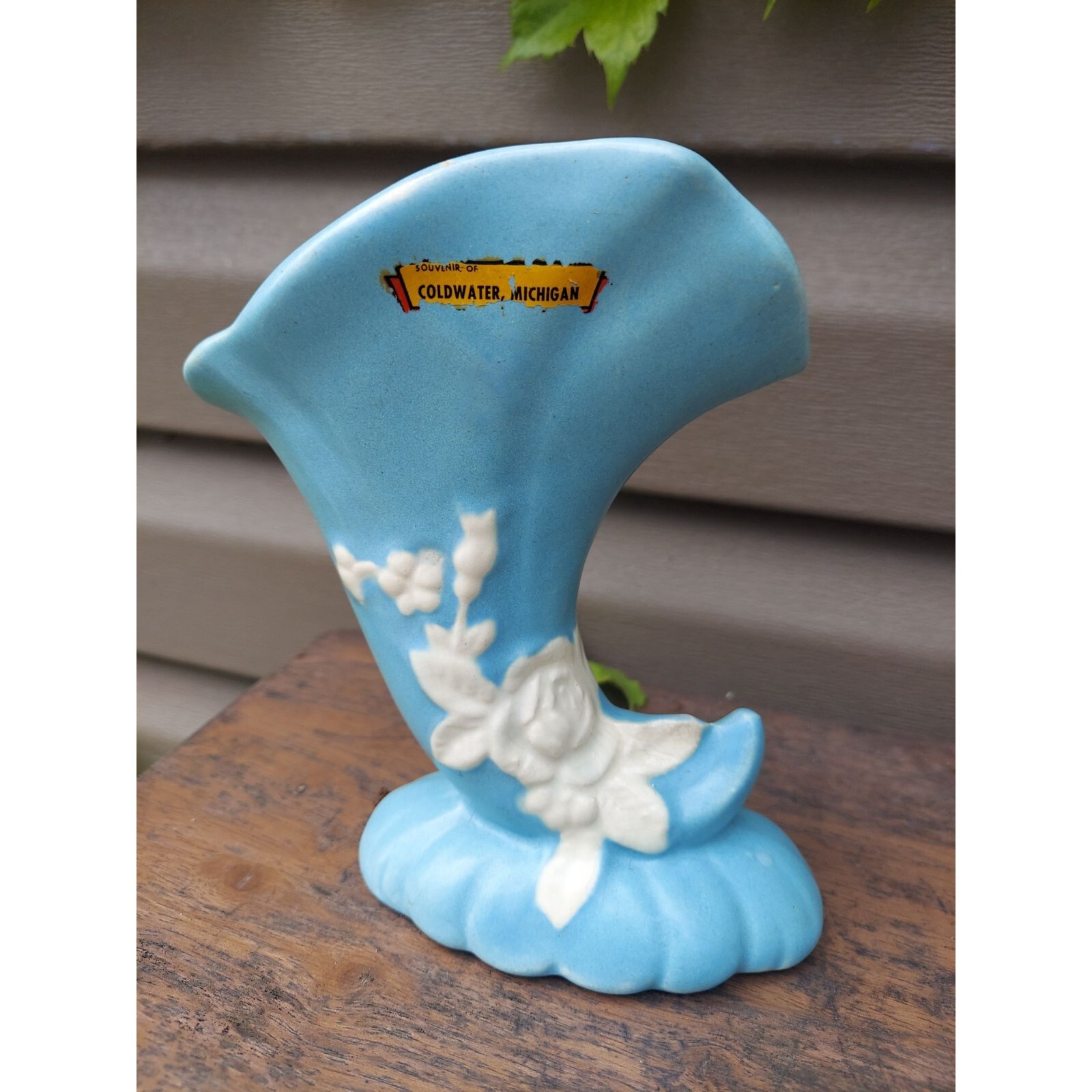 Weller Pottery Cameo Blue Cornucopia Vase Souvenir of Coldwater ...