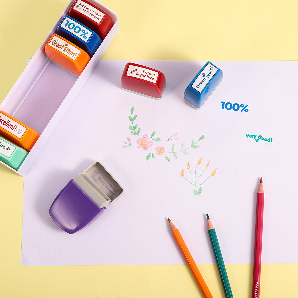 8Pcs Teacher Stamps with Tray Self-inking Grading Stamps for Parent ...