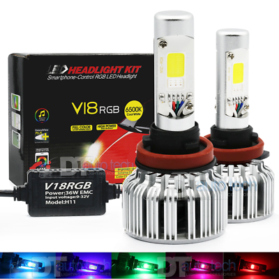 H11 High Power CREE LED Headlight Kit+RGB Bluetooth Phone Control 2-in ...