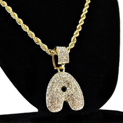 Bubble Letter A Initial Pendant Gold Plated CZ Hip Hop Chain Rope ...