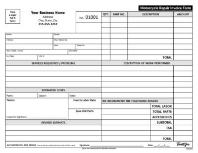 Customized Motorcycle Repair Invoice Forms / 8.5 x 11 / 2 or 3 Part ...