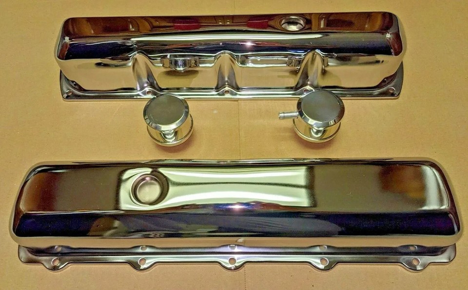 OLDSMOBILE TALL CHROME STAMP STEEL VALVE COVERS WITH BILLET BREATHERS ...
