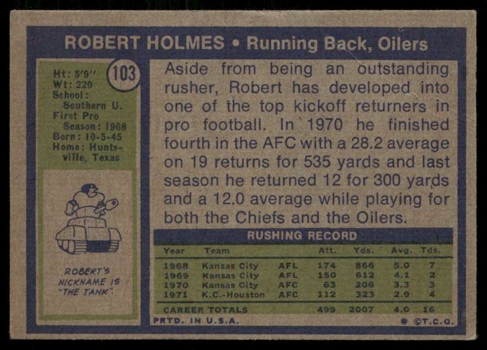 1972 Topps Robert Holmes Houston Oilers #103 | eBay