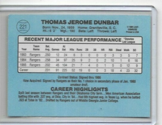 1986 Donruss #221 Tommy Dunbar Texas Rangers | eBay