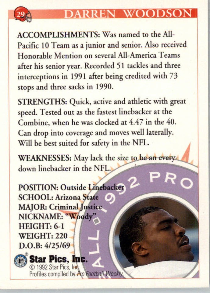 1992 Star Pics Pro Prospects #29 Darren Woodson - Arizona State | eBay