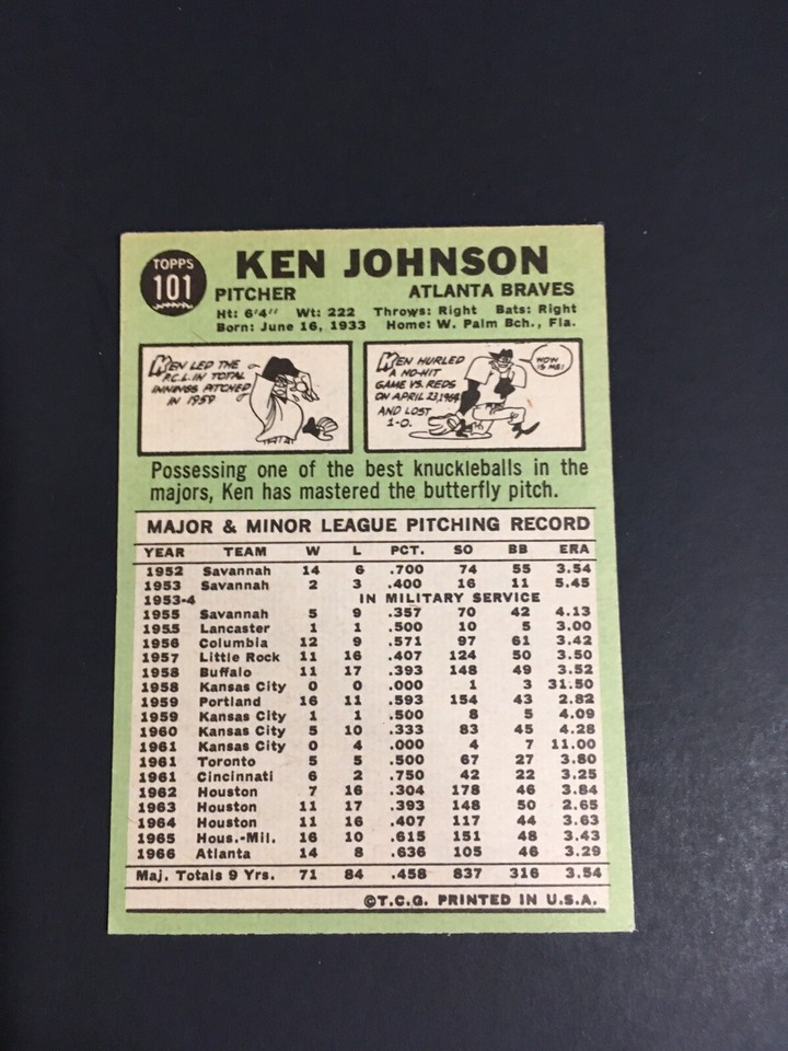 1967 TOPPS KEN JOHNSON, #101, NM (Free Shipping on Any 3!) | eBay