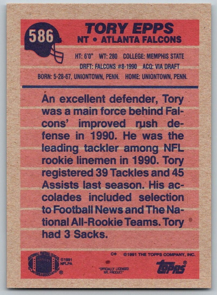 1991 TOPPS TORY EPPS SUPER ROOKIE ATLANTA FALCONS #586 | eBay