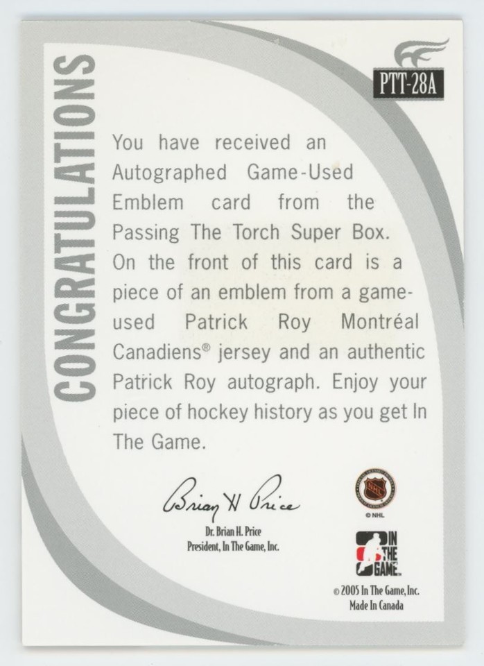 2005-06 In The Game Autographs Patrick Roy Auto Montreal Canadiens #A ...