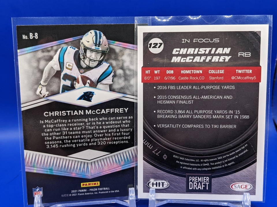 Christian Mccafrey Rookie 2017 Sage In Focus #127 +2021 Panini Prizm ...