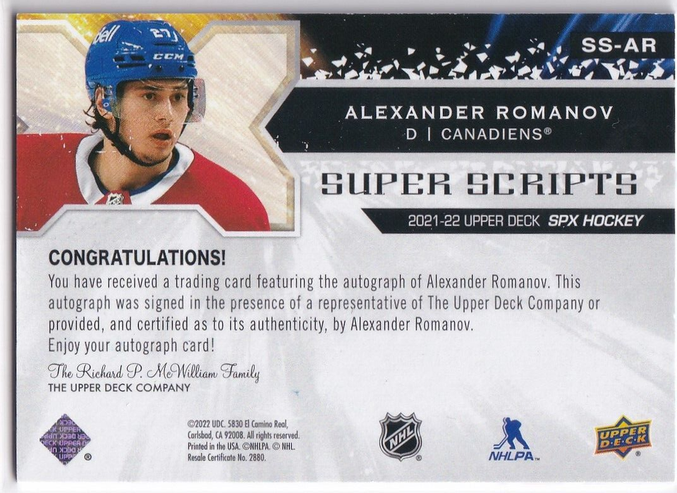 2021-22 Upper Deck SPx Alexander Romanov Super Scripts Autograph | eBay