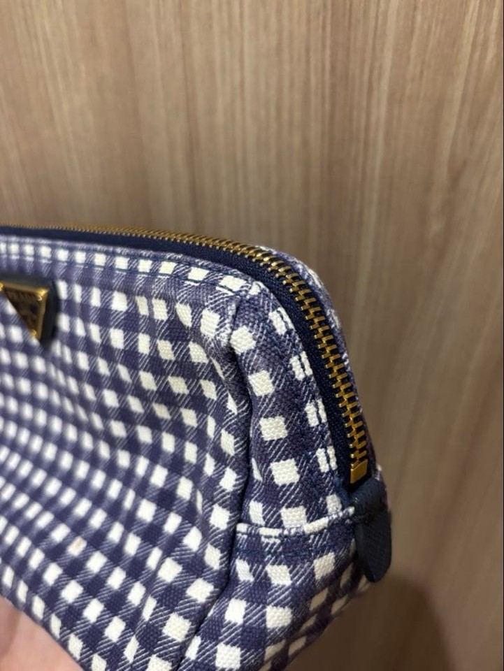 Prada Gingham Check Triangle Logo Cotton Cosmetic Pouch Navy Gold Near ...