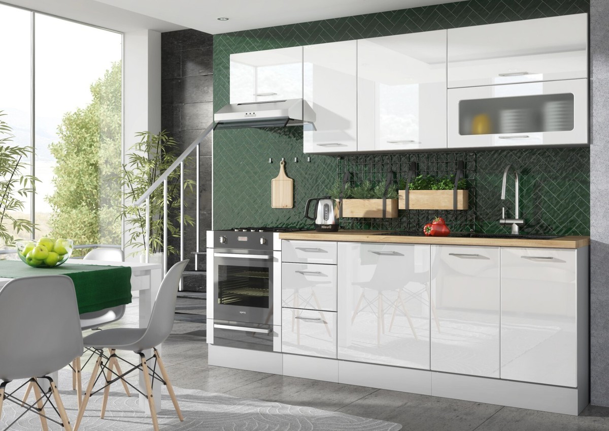 White High Gloss Kitchen 7 Units On Legs Cabinets Set Black Rim Soft