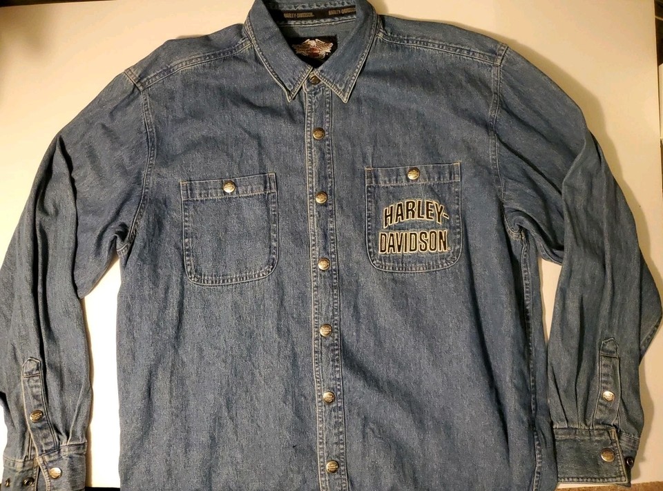 Harley Davidson Shirt Shacket Men XL Blue Denim Embroidered Biker ...