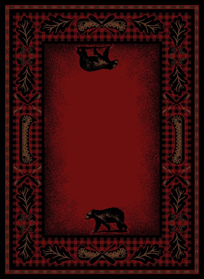Woodlands Plaid Area Rug Runner Lodge Cabin Bear Paw Canoe Black Red ...