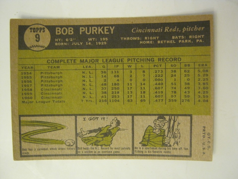 1961 Topps #9 Bob Purkey Baseball Card, Good Cond (027-25) | eBay