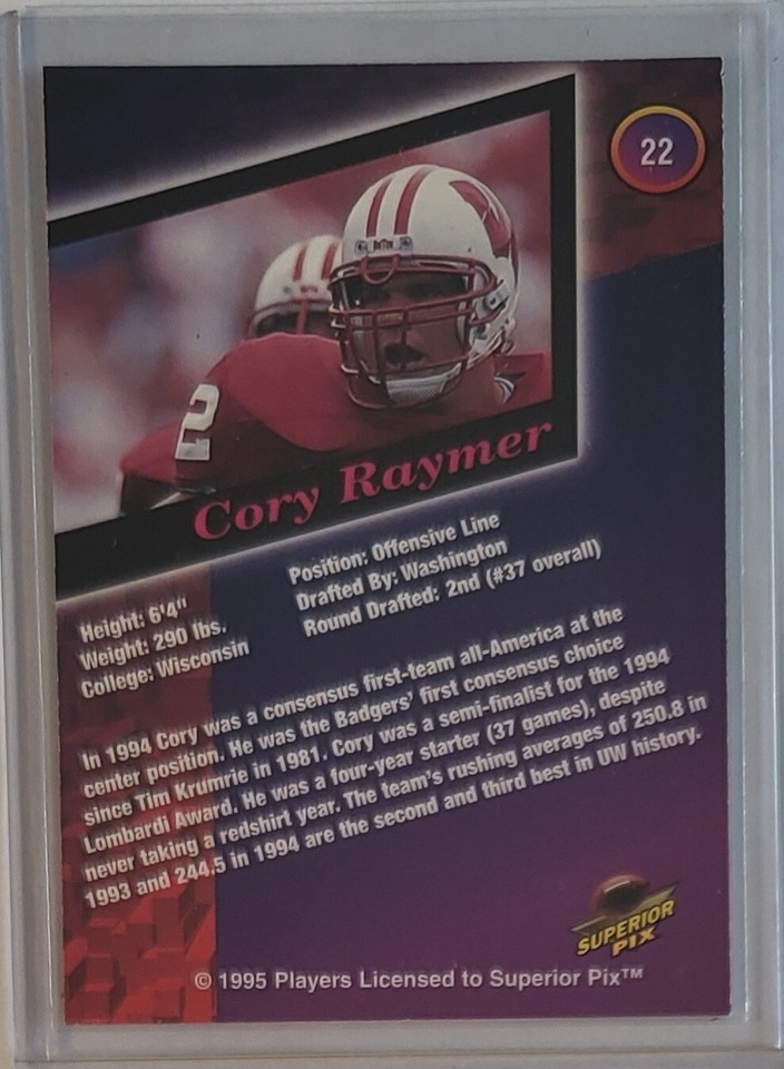 1995 Superior Pix Draft #22 Cory Raymer Wisconsin Badgers Football Card ...