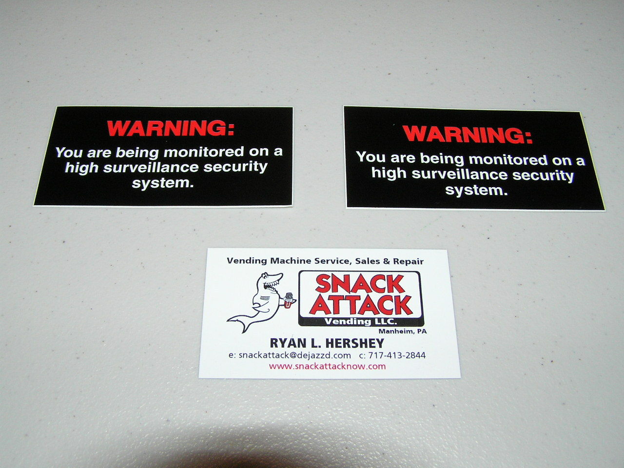 (2) SODA VENDING MACHINE Decals "WARNING: Being monitored on security ...