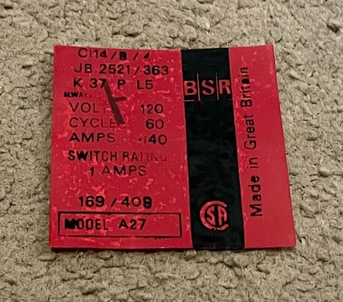 Vintage BSR Model A27 Manufacturer Sticker Serial Number Info 2"x2 ...