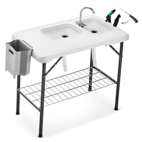 Folding Fish Cleaning Table Portable Camping Double Sinks Table w/2 ...