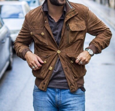 Leather Jacket Men Brown Pure Suede Flight/Bomber Size S M L XL XXL ...