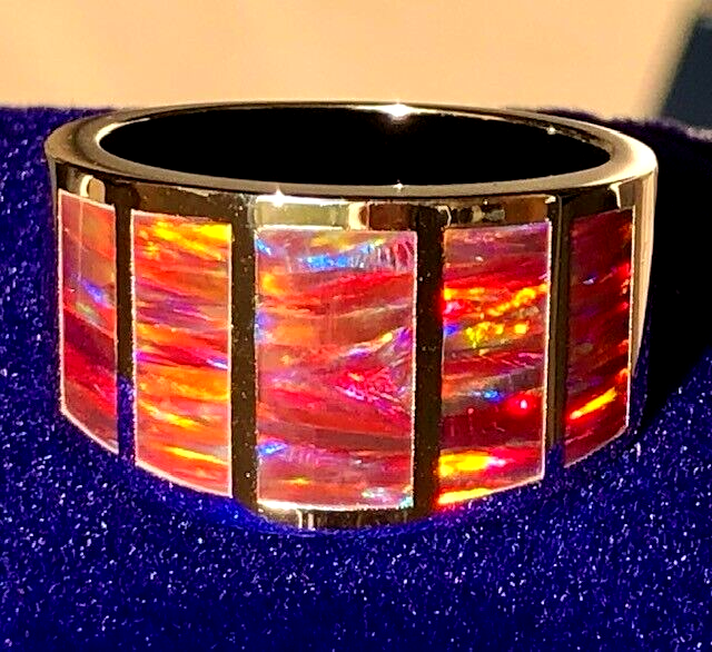 Men's 12 Red Wide Black Ring fire opal SUPER FLASH!! r heavy 'Flames ...