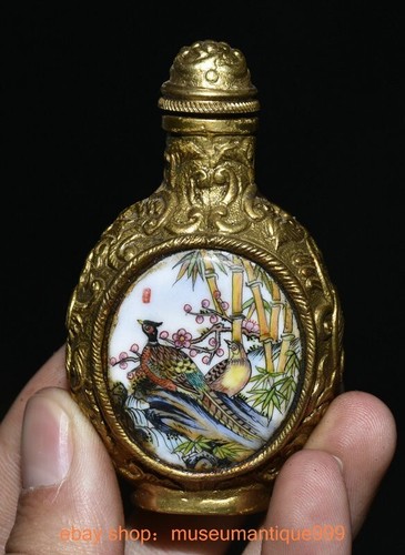 3" Old China Chinese copper Gilt plum blossom bird bamboo snuff box ...