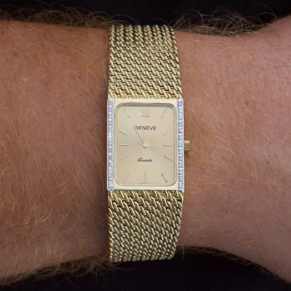 VINTAGE 14K YELLOW GOLD GENEVE QUARTZ WRISTWATCH WITH DIAMONDS (circa ...