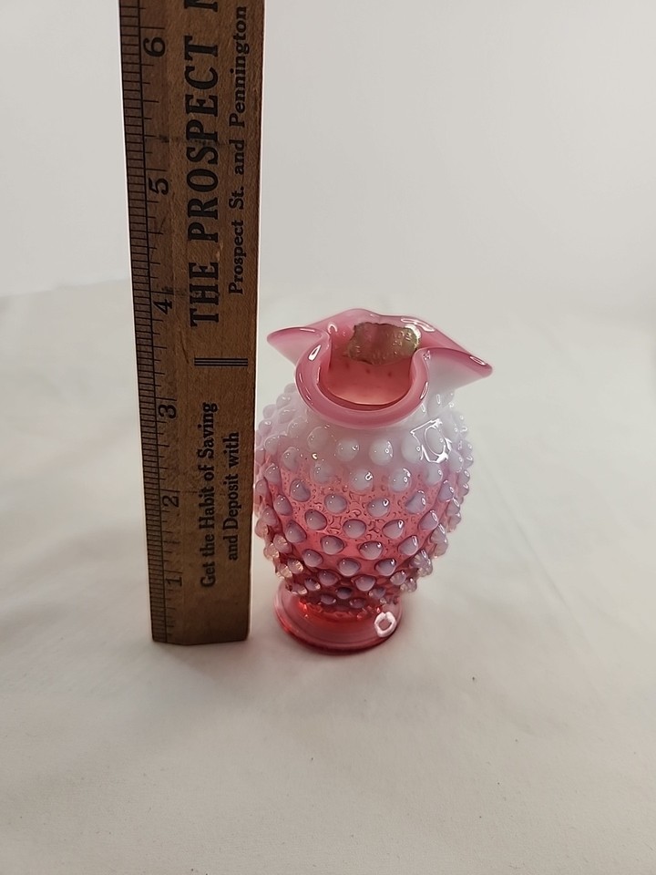 Fenton Label Cranberry Opalescent Hobnail Glass Crimped Edge 3.5" Bud ...