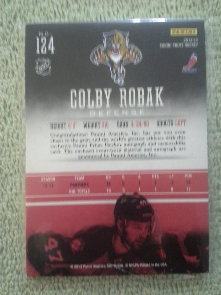2012-13 Panini Prime COLBY ROBAK Rookie RC Autograph Quad Jersey #/249 ...