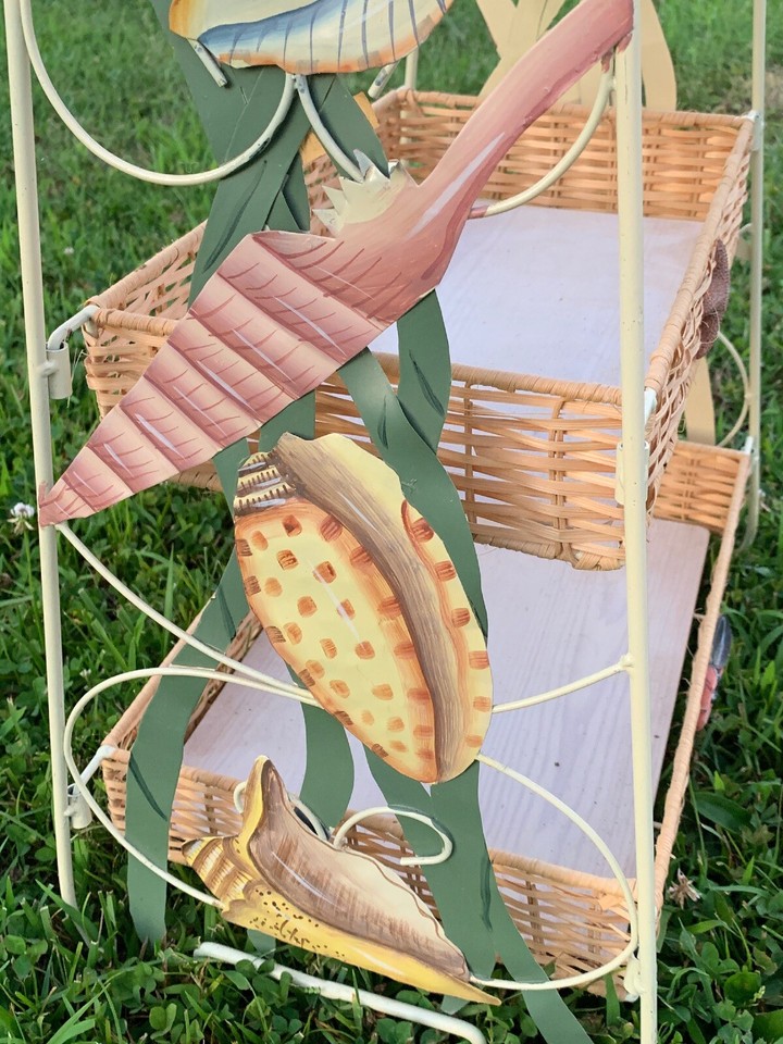 Vintage NAUTICAL DECOR 3 Tier Stand Conch Shell Seashell Metal Shelf ...