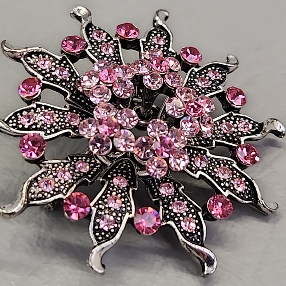 Flower Brooch Ruffled Pink Rhinestones Silver Tone Pendant Pin 1 7/8 ...