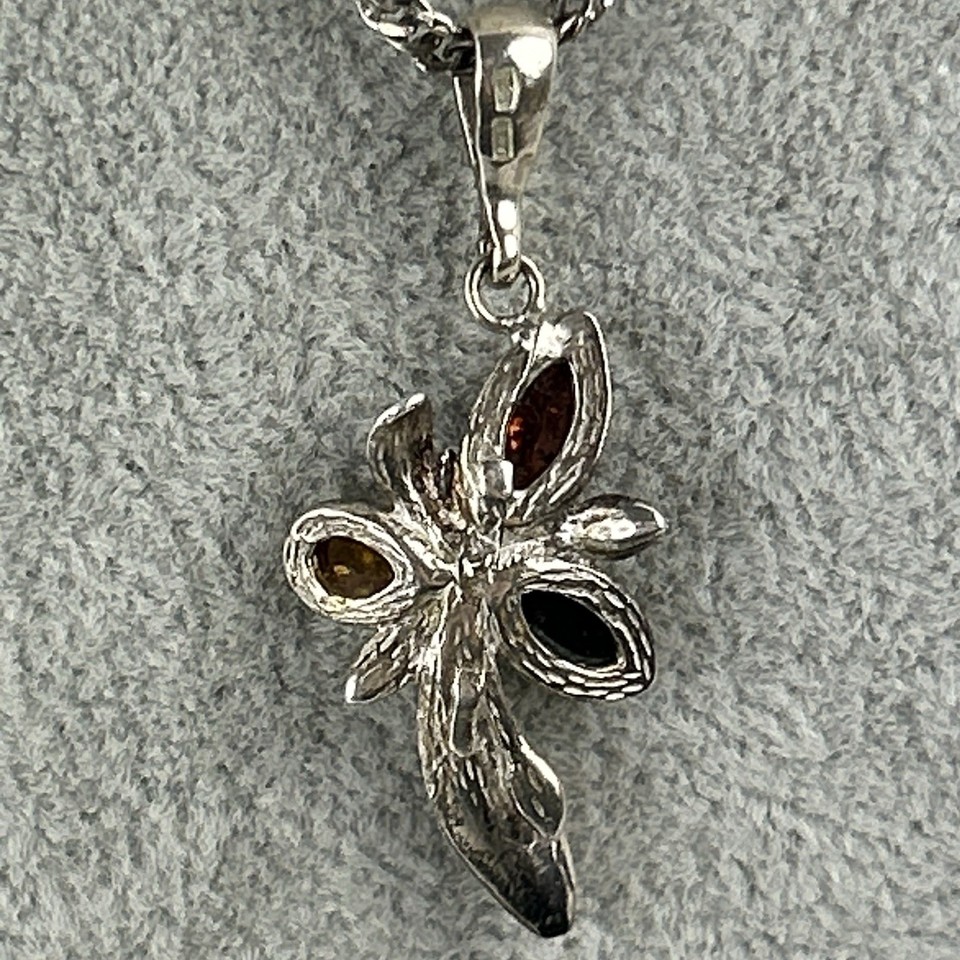 925 Sterling Silver Singapore Chain with Amber Pendant Necklace, 17", 6 ...
