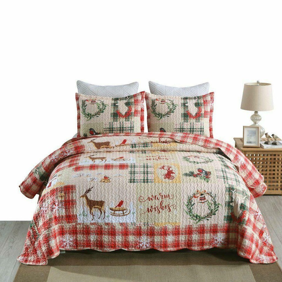 3 Piece Christmas Quilt Rustic Western Lodge Cabin Bedspread Quilt Set ...