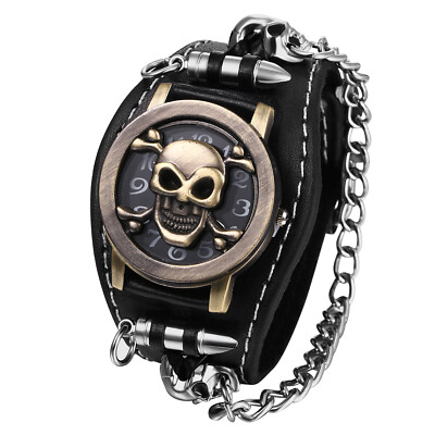 Unisex Geniune Leather Quartz Wrist Watch Openable Skull Case Chain ...