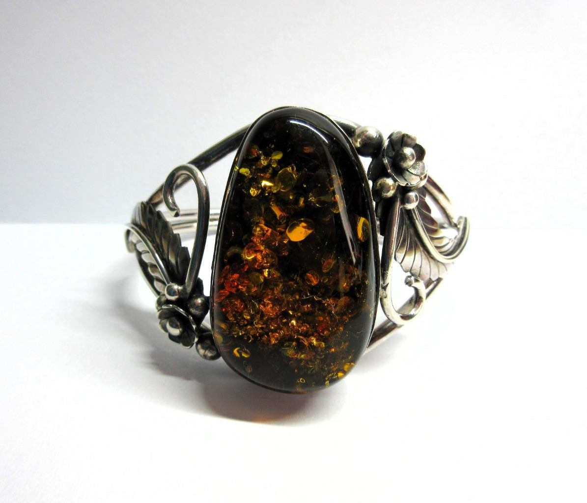 Vintage SOLID SILVER & AMBER Native American Leaf Des… - Gem