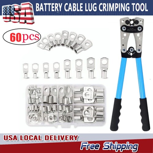 Battery Cable Lug Crimping Tool 10-1 AWG /W 60PC Copper Ring Terminal ...