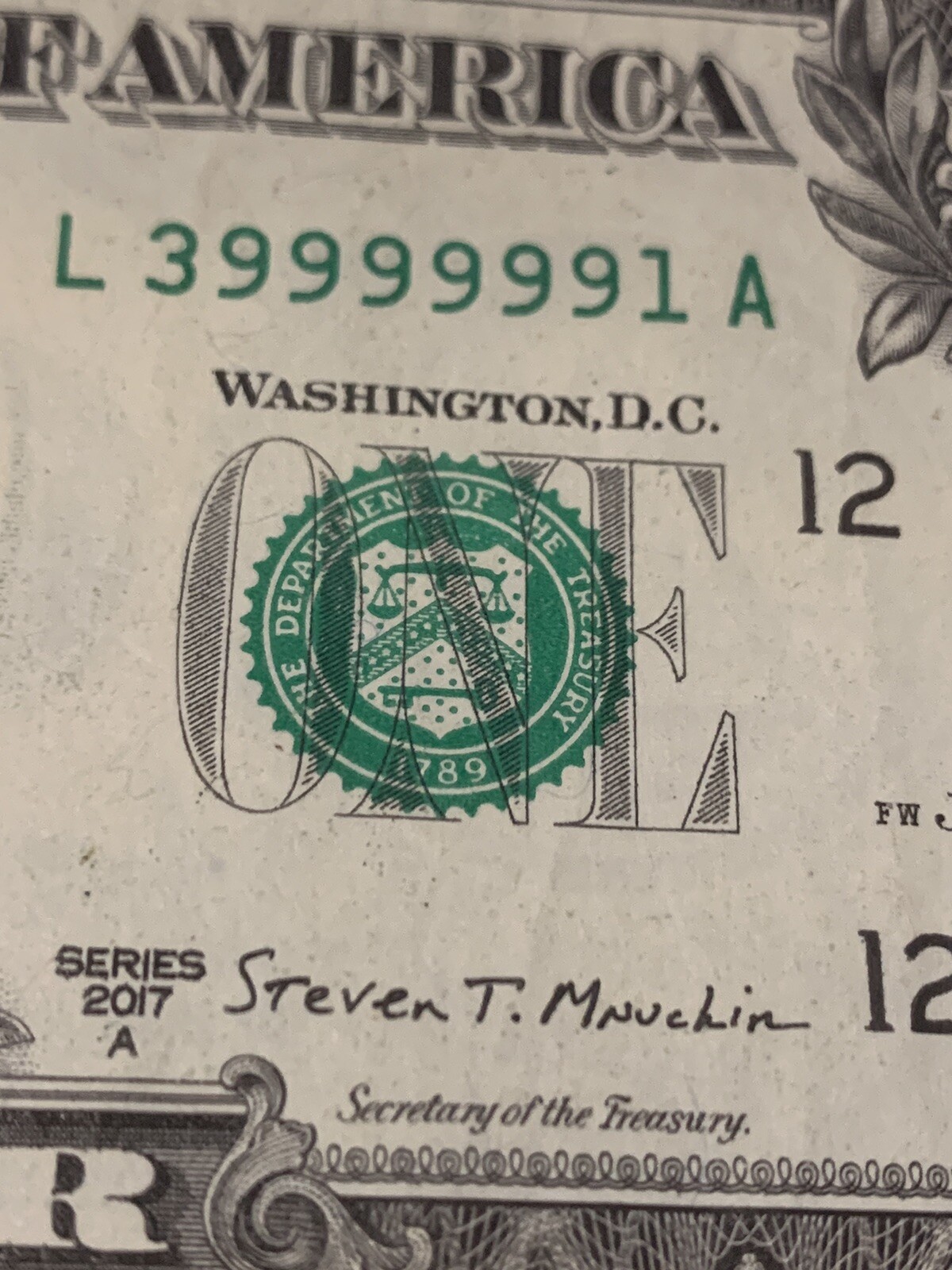 6 Six In A Row 9s One Dollar Bill L 39999991 A Near Solid Series 2017A ...