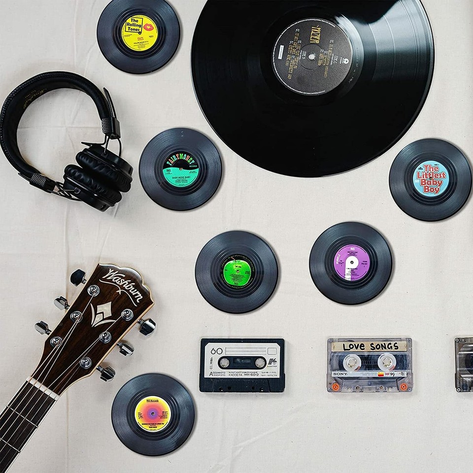 6 Pack Cup Pad Vinyl Coasters Retro Disk Coaster with Holder For Table ...