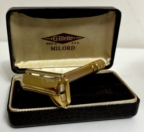 VTG 1940S GOLD TONE GILLETTE MILORD DOUBLE EDGE SAFETY RAZOR W/ OG BOX ...